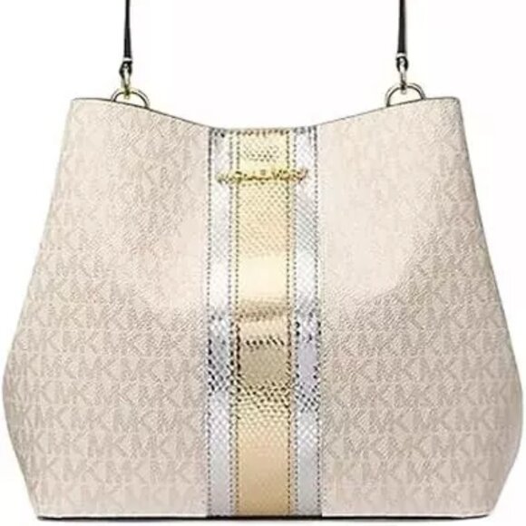 MICHAEL Michael Kors | Bags | Michael Kors Pratt Medium Signature Logo Shoulder Bag Pale Gold ...